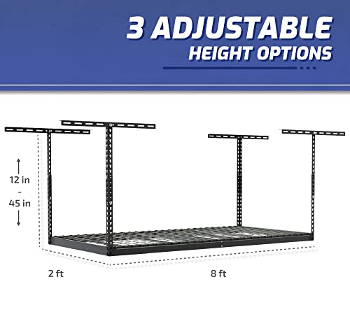 SafeRacks 2x8 Overhead Garage Storage Rack - 400 Pound Weight Capacity Height Adjustable Steel Ceiling-Mounted Rack with Accessories (Hammertone) (24"-45")