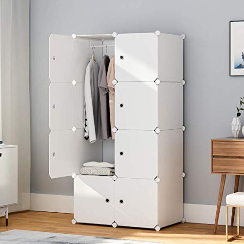 KOUSI Portable Wardrobe Closets 14"x18" Depth Cube Storage, Bedroom Armoire, Storage Organizer with Doors, 5 Cubes + 1 Hanger, White