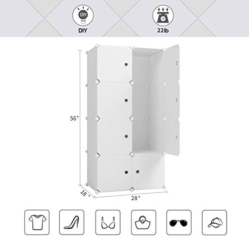 KOUSI Portable Wardrobe Closets 14"x18" Depth Cube Storage, Bedroom Armoire, Storage Organizer with Doors, 5 Cubes + 1 Hanger, White