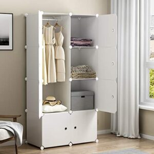 KOUSI Portable Wardrobe Closets 14"x18" Depth Cube Storage, Bedroom Armoire, Storage Organizer with Doors, 5 Cubes + 1 Hanger, White