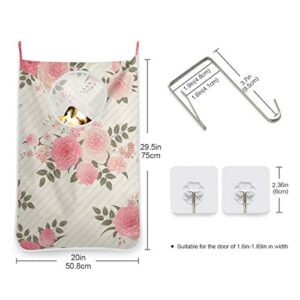 Hanging Laundry Bag Pink Flowers Door Hanging Laundry Hamper with Stainless Steel Hooks Wall Laundry Nook with Adhesive Hooks 1 PC