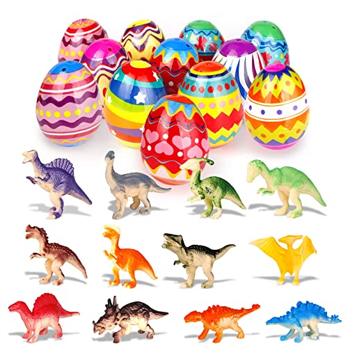 Tinabless Toys Filled Easter Eggs, Bright Colorful Eggs Prefilled with Dinosaur for Easter Theme Party Favor, Easter Eggs Hunt Event, Easter Basket, Classroom Rewards (12 Packs)