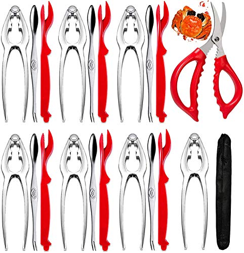 21-piece Crab Cracking Tools includes 7 Crab Crackers, 6 Lobster Shell Knife, 6 Crab Leg Forks and 1 Seafood Scissors & Storage Bag - Seafood Tools Nut Cracker Set