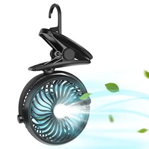 clip on camping fan with led lights, 2600 mah rechargeable battery/usb operated mini fan with hook portable for stroller home ofiice outdoors travel camping hiking