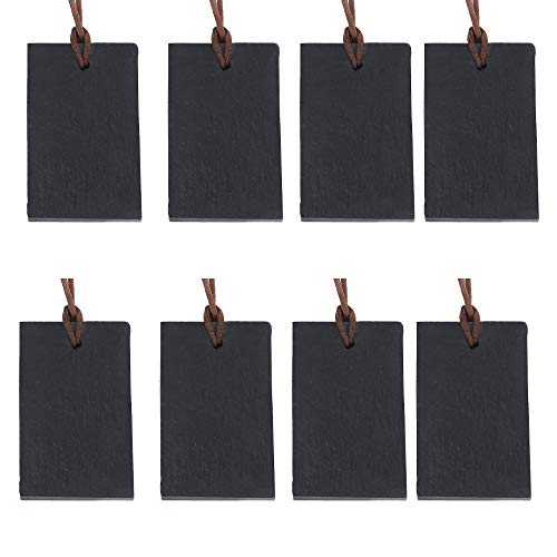 ACKEIVTO Mini Set of 8 Black Slate Hanging Chalkboard Tags w/Leather Rope/Erasable Write On Wine Bottle Label Signs