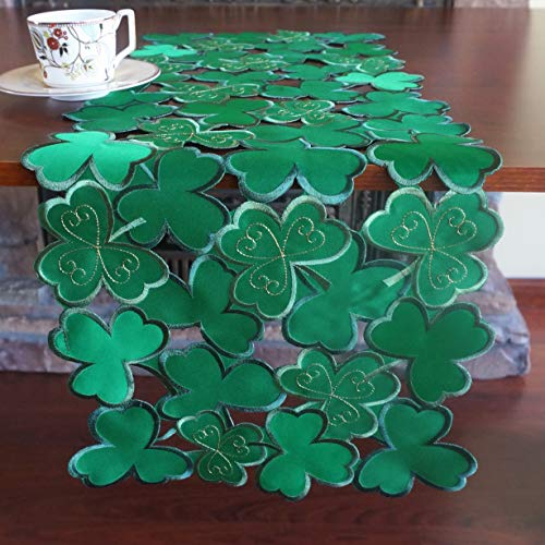 GRANDDECO St. Patrick's Day Table Runner,Applique Embroidered Cutwork Clover Dresser Scarf for Home Kitchen Dining Spring Holiday Tabletop Decoration, Green,Runner 13"×34"