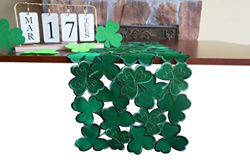 GRANDDECO St. Patrick's Day Table Runner,Applique Embroidered Cutwork Clover Dresser Scarf for Home Kitchen Dining Spring Holiday Tabletop Decoration, Green,Runner 13"×34"