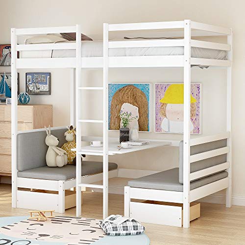 Rhomtree Wood Twin Size Bunk Bed with Desk Underneath and Chair Loft Bed Multifunctional Bed for Boys & Girls Teens Kids Bedroom Dorm