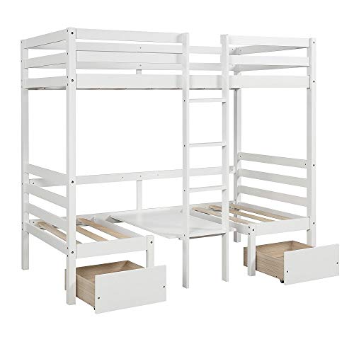 Rhomtree Wood Twin Size Bunk Bed with Desk Underneath and Chair Loft Bed Multifunctional Bed for Boys & Girls Teens Kids Bedroom Dorm