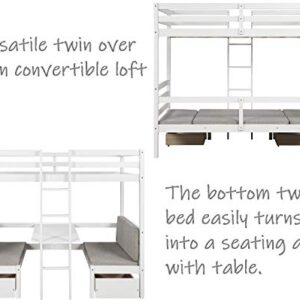 Rhomtree Wood Twin Size Bunk Bed with Desk Underneath and Chair Loft Bed Multifunctional Bed for Boys & Girls Teens Kids Bedroom Dorm