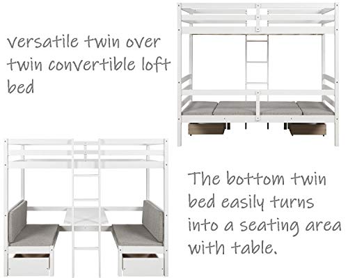 Rhomtree Wood Twin Size Bunk Bed with Desk Underneath and Chair Loft Bed Multifunctional Bed for Boys & Girls Teens Kids Bedroom Dorm