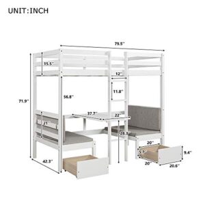 Rhomtree Wood Twin Size Bunk Bed with Desk Underneath and Chair Loft Bed Multifunctional Bed for Boys & Girls Teens Kids Bedroom Dorm