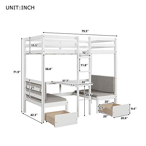 Rhomtree Wood Twin Size Bunk Bed with Desk Underneath and Chair Loft Bed Multifunctional Bed for Boys & Girls Teens Kids Bedroom Dorm