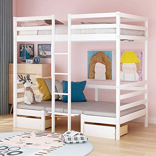 Rhomtree Wood Twin Size Bunk Bed with Desk Underneath and Chair Loft Bed Multifunctional Bed for Boys & Girls Teens Kids Bedroom Dorm