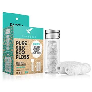 biodegradable dental floss by treebird | refillable & reusable zero waste glass dispenser | 3x33yd waxed natural cruelty free peace silk spools | 100% compostable | eco friendly plastic free oral care