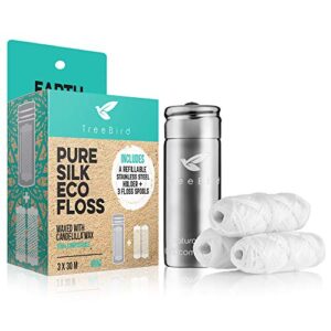 biodegradable dental floss by treebird | refillable & reusable zero waste steel dispenser | 3x33yd waxed natural cruelty free peace silk spools | 100% compostable | eco friendly plastic free oral care