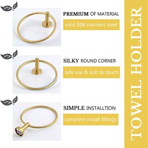 Hand Towel Ring Brushed Gold, APLusee SUS 304 Stainless Steel Round Towel Holder for Contemporary Bathroom Toilet Kitchen Storage, Wall Mounted