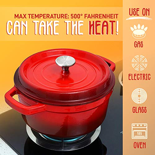 NutriChef Enameled Cast Iron Dutch Oven-5-Quart Kitchen Round Dutch Oven Stovetop Casserole Cookware, Porcelain Enamel Coated Cast-Iron Baking Pots w/ Self Basting Lid-NCCIEC45(Red),Medium