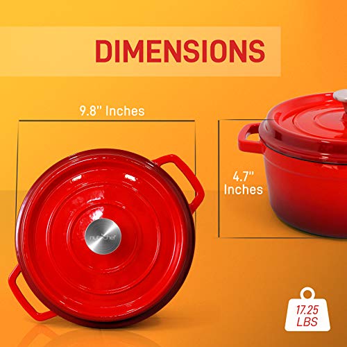 NutriChef Enameled Cast Iron Dutch Oven-5-Quart Kitchen Round Dutch Oven Stovetop Casserole Cookware, Porcelain Enamel Coated Cast-Iron Baking Pots w/ Self Basting Lid-NCCIEC45(Red),Medium