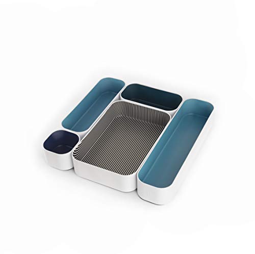 Three by Three Seattle 5 Piece Metal Organizer Tray Set for Storing Makeup, Stationery, Utensils, and More in Office Desk, Kitchen and Bathroom Drawers (2 Inch, Assorted Blue and Stripes)