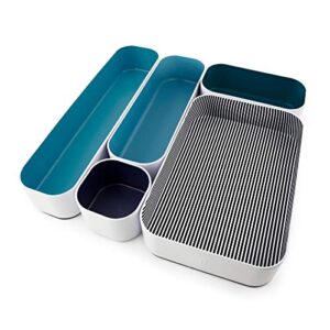 Three by Three Seattle 5 Piece Metal Organizer Tray Set for Storing Makeup, Stationery, Utensils, and More in Office Desk, Kitchen and Bathroom Drawers (2 Inch, Assorted Blue and Stripes)