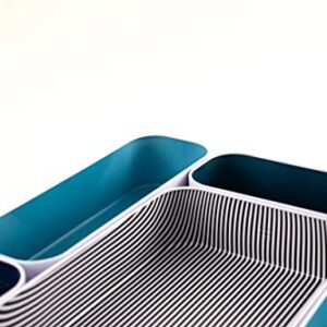 Three by Three Seattle 5 Piece Metal Organizer Tray Set for Storing Makeup, Stationery, Utensils, and More in Office Desk, Kitchen and Bathroom Drawers (2 Inch, Assorted Blue and Stripes)