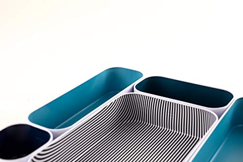 Three by Three Seattle 5 Piece Metal Organizer Tray Set for Storing Makeup, Stationery, Utensils, and More in Office Desk, Kitchen and Bathroom Drawers (2 Inch, Assorted Blue and Stripes)