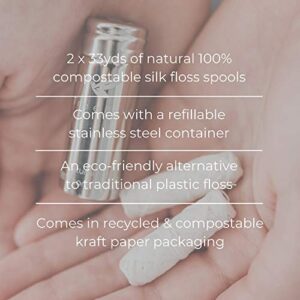 Biodegradable Dental Floss | Refillable & Reusable Zero Waste Steel Dispenser | 2x33yd Waxed Natural Cruelty Free Peace Silk Spools | 100% Compostable | Eco Friendly Plastic Free Oral Care