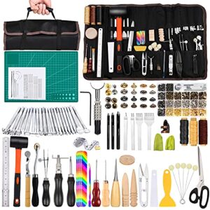 328pcs leather tooling kit, leather kit with manual, leather working tools and supplies, leather stamp tools, stitching groover and rivets kit suitable for beginners to professionals