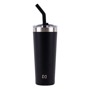 nayad stainless steel vacuum insulated thermos tumbler, automotive cup holder compatible travel coffee mug water bottle with straw and lid for iced cold/hot, 22 oz, black