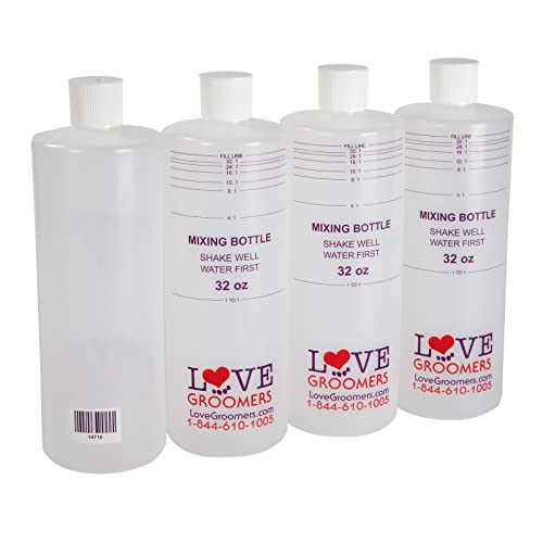 GROOMER ESSENTIALS 32 Ounce Dilution Bottle - Pack of 4 (Pet Shampoo Dilution Bottles) - Mixing Bottle for Dog Grooming Shampoo and Conditioner Grooms