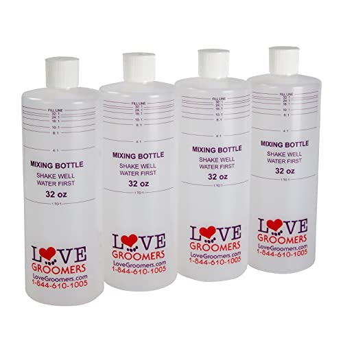 GROOMER ESSENTIALS 32 Ounce Dilution Bottle - Pack of 4 (Pet Shampoo Dilution Bottles) - Mixing Bottle for Dog Grooming Shampoo and Conditioner Grooms