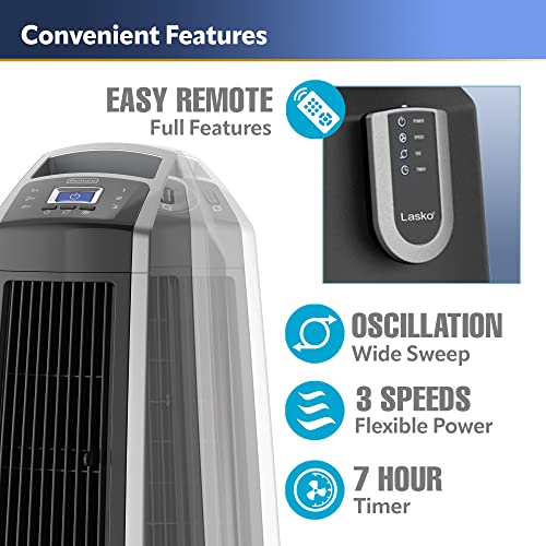 Lasko Oscillating High Velocity Tower Fan, Remote Control, Timer, 3 Powerful Speeds, for Garage, Basement and Gym, 35" Silver and Black, U35115