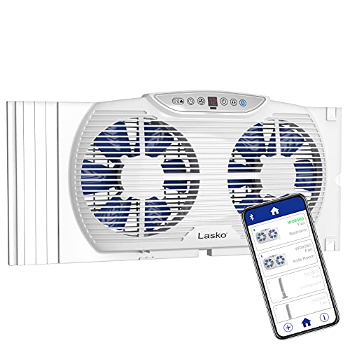 Lasko W09560 Bluetooth Enabled Twin 9-Inch Window Fan with Independent Electrically Reversible Intake & Exhaust Motors with Thermostat and Timer for Bedroom Indoor Home Use, White