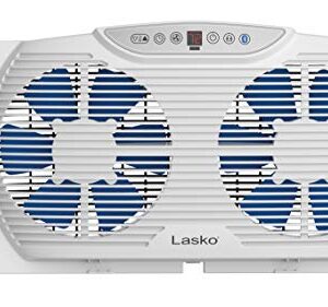 Lasko W09560 Bluetooth Enabled Twin 9-Inch Window Fan with Independent Electrically Reversible Intake & Exhaust Motors with Thermostat and Timer for Bedroom Indoor Home Use, White