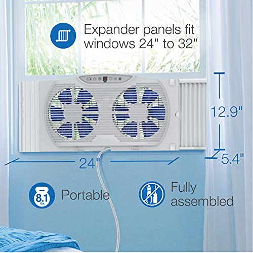 Lasko W09560 Bluetooth Enabled Twin 9-Inch Window Fan with Independent Electrically Reversible Intake & Exhaust Motors with Thermostat and Timer for Bedroom Indoor Home Use, White