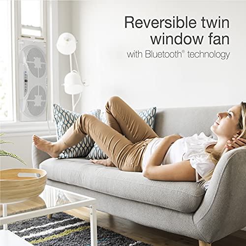 Lasko W09560 Bluetooth Enabled Twin 9-Inch Window Fan with Independent Electrically Reversible Intake & Exhaust Motors with Thermostat and Timer for Bedroom Indoor Home Use, White