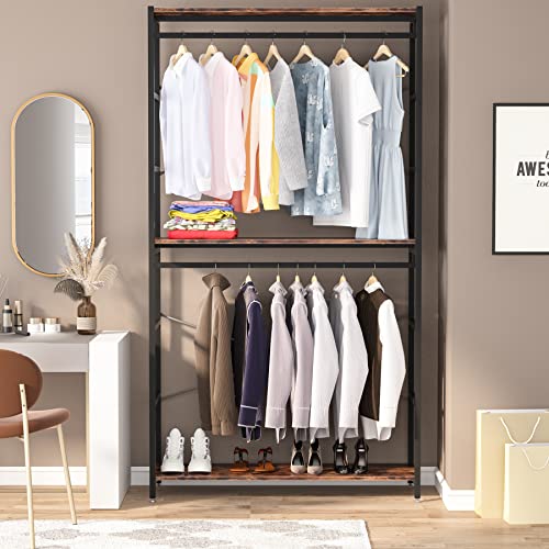 Tribesigns 86 inches Double Rod Closet Organizer, Freestanding 3 Tiers Shelves Clothes Garment Racks, Large Heavy Duty Clothing Storage Shelving Unit for Bedroom Laundry Room