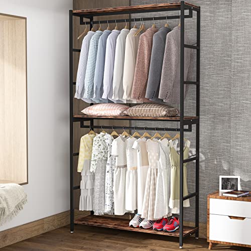 Tribesigns 86 inches Double Rod Closet Organizer, Freestanding 3 Tiers Shelves Clothes Garment Racks, Large Heavy Duty Clothing Storage Shelving Unit for Bedroom Laundry Room