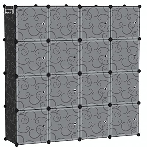 C&AHOME Cube Storage Organizer, 16-Cube Storage Shelving with Doors, Modular Book Shelf, Plastic Shelves Organizing Units, Ideal for Bedroom Living Room 48.4" L × 12.4" W × 48.4" H Black SHS3016B-DOOR