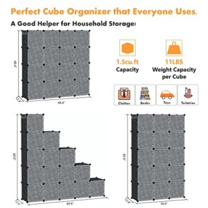 C&AHOME Cube Storage Organizer, 16-Cube Storage Shelving with Doors, Modular Book Shelf, Plastic Shelves Organizing Units, Ideal for Bedroom Living Room 48.4" L × 12.4" W × 48.4" H Black SHS3016B-DOOR