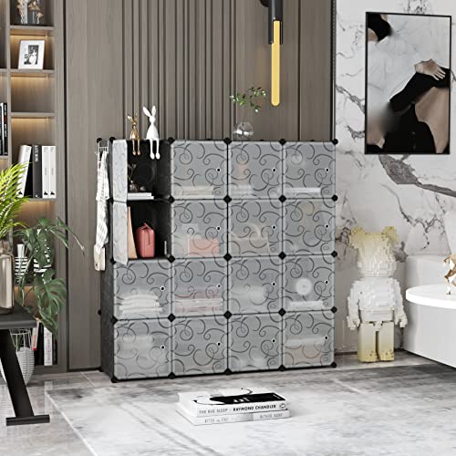 C&AHOME Cube Storage Organizer, 16-Cube Storage Shelving with Doors, Modular Book Shelf, Plastic Shelves Organizing Units, Ideal for Bedroom Living Room 48.4" L × 12.4" W × 48.4" H Black SHS3016B-DOOR