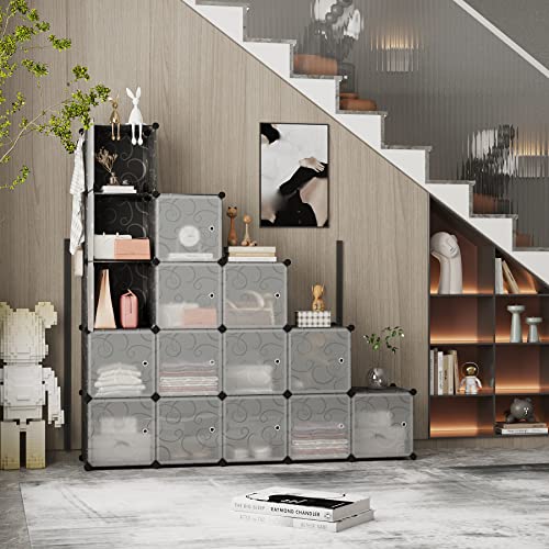 C&AHOME Cube Storage Organizer, 16-Cube Storage Shelving with Doors, Modular Book Shelf, Plastic Shelves Organizing Units, Ideal for Bedroom Living Room 48.4" L × 12.4" W × 48.4" H Black SHS3016B-DOOR