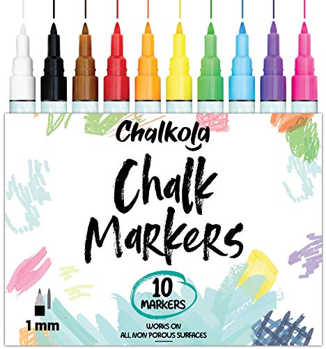 Chalkboard Chalk Markers (10 Pack, 1mm Extra Fine Tip) Neon color pens - For Blackboards, Chalkboard, Bistro, Window