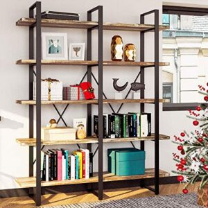 ironck bookshelf, double wide 5-tier open bookcase vintage industrial large shelves, wood and metal etagere bookshelves, for home decor display, office furniture