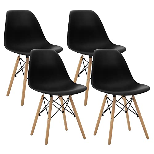 CangLong Modern Mid-Century Shell Lounge Plastic DSW Natural Wooden Legs for Kitchen, Dining, Bedroom, Living Room Side Chairs, Set of 4, Black