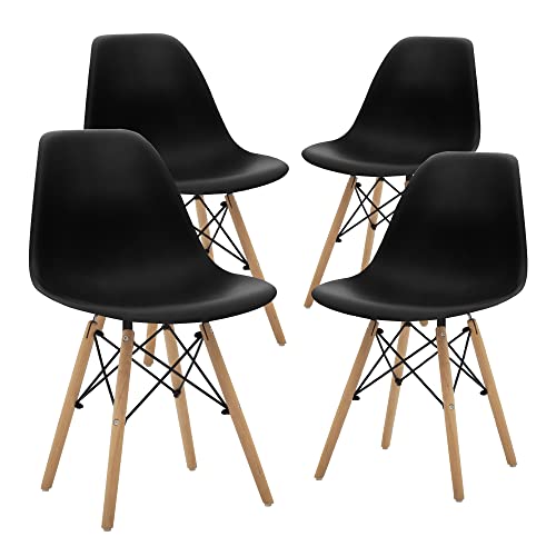 CangLong Modern Mid-Century Shell Lounge Plastic DSW Natural Wooden Legs for Kitchen, Dining, Bedroom, Living Room Side Chairs, Set of 4, Black