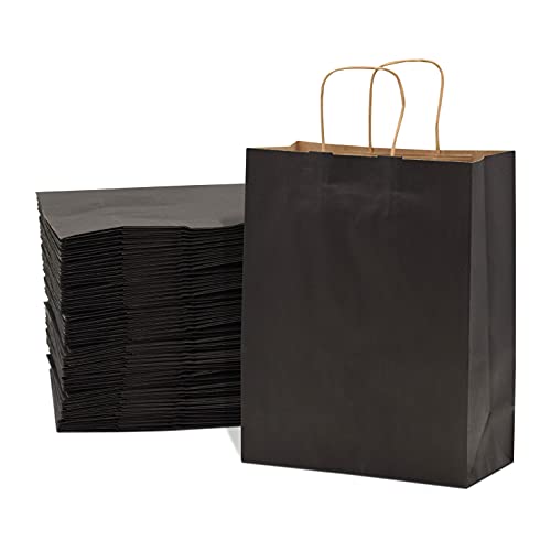 Black Gift Bags with Handles - 10x5x13 Inch 100 Pack Medium Kraft Paper Shopping Bags, Craft Totes in Bulk for Boutiques, Small Business, Retail Stores, Birthdays, Party Favors, Jewelry, Merchandise