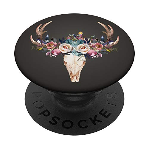 Artsy Watercolor Flower Wreath Bouquet Deer Skull on Black PopSockets PopGrip: Swappable Grip for Phones & Tablets