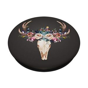 Artsy Watercolor Flower Wreath Bouquet Deer Skull on Black PopSockets PopGrip: Swappable Grip for Phones & Tablets